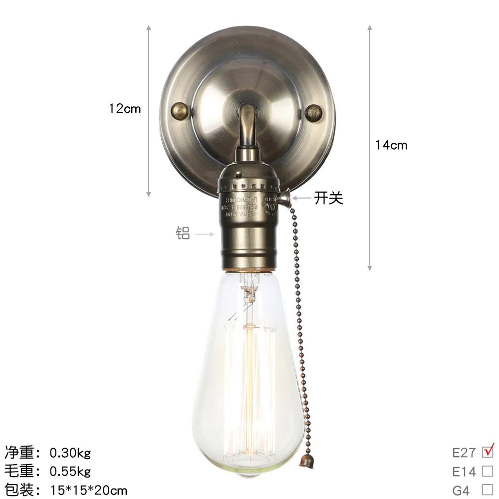 Винтажная настенная лампа черная A Antique brass, Without bulb