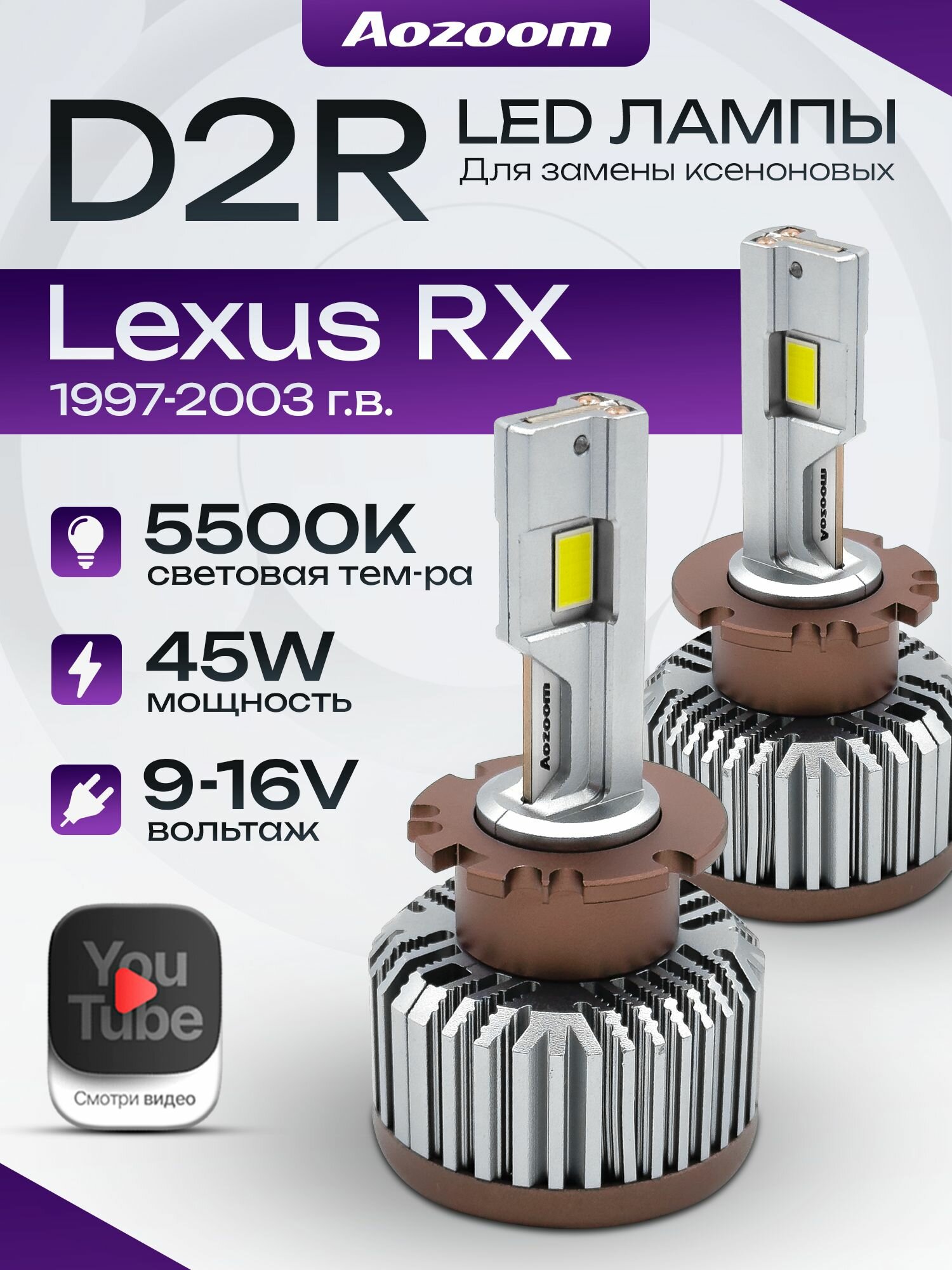 Лампы светодиодные Aozoom D2R на Lexus RX 1997-2003 / LED лампы Аозум вместо ксенона Д2Р для Лексус РХ