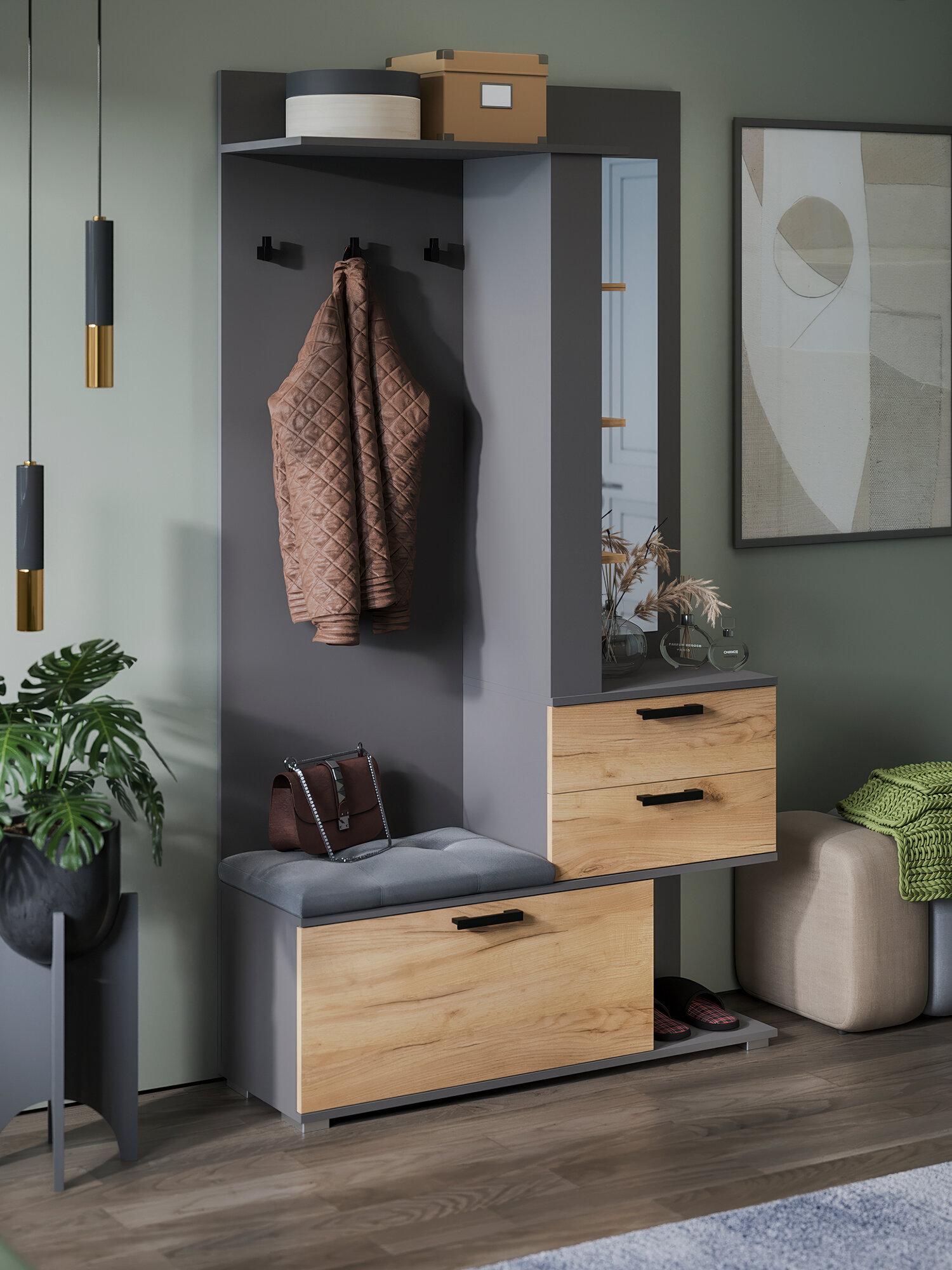 Прихожая Мебель Трия Эрика, ЛДСП, дуб крафт золотой/графит серый, с зеркалом и обувницей