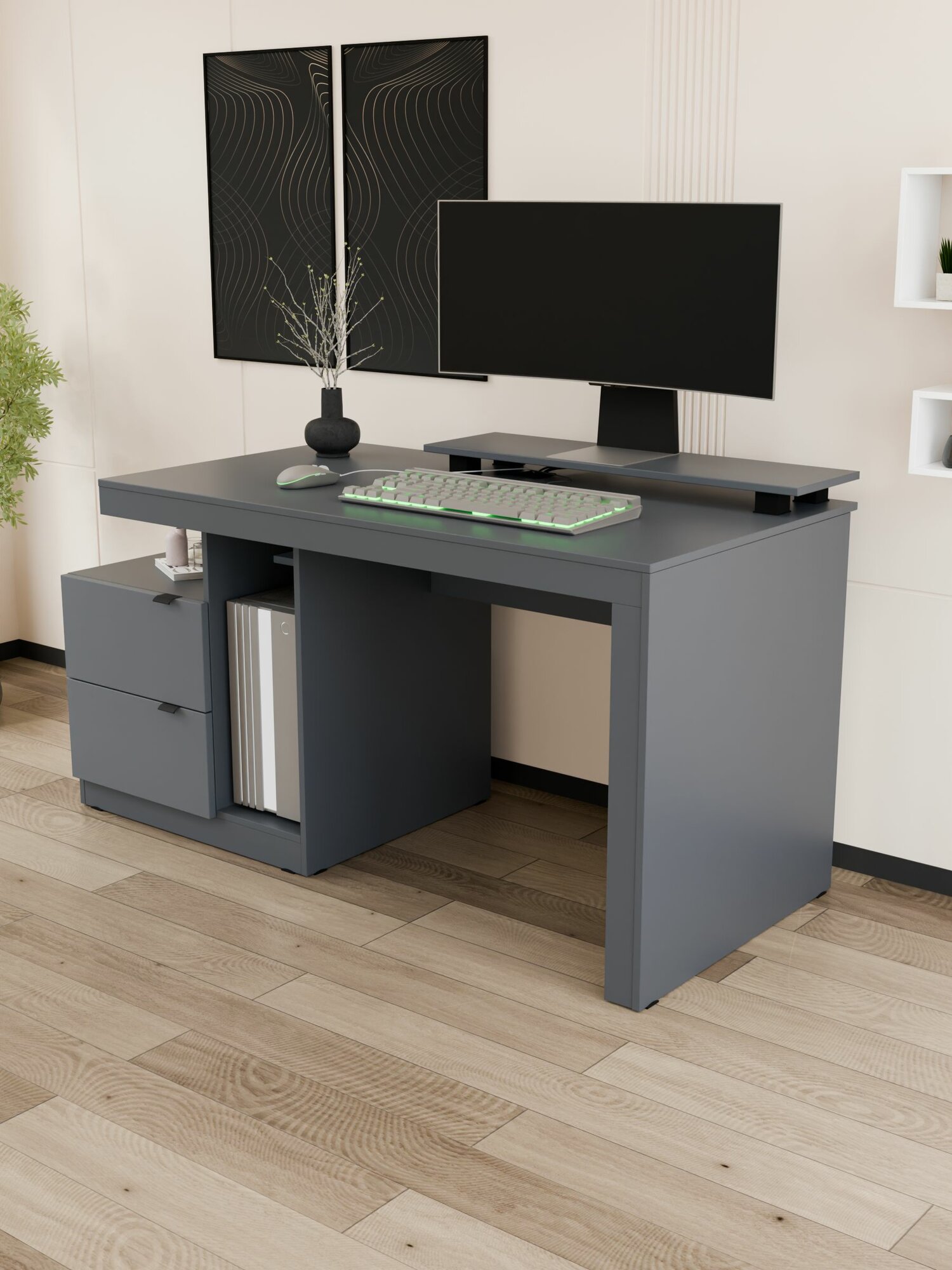 Изумлит Стол компьютерный для офиса и дома Вертикаль Лайт 162х80х74.5 см, тумба слева, графит