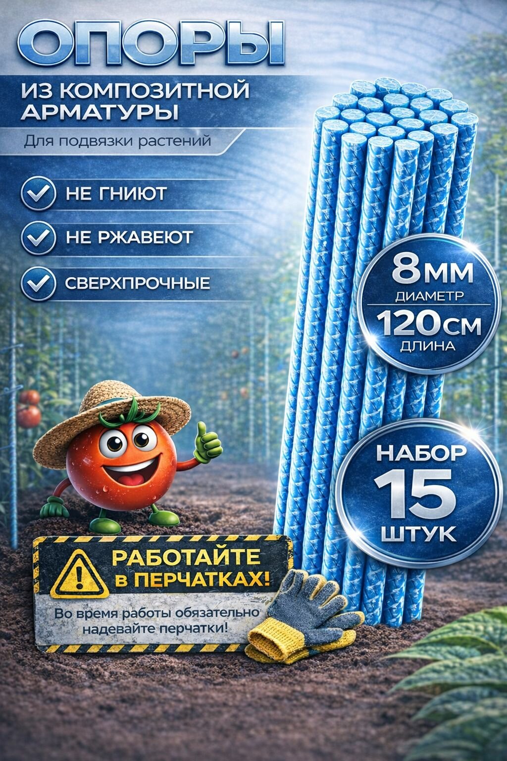 Колышки садовые для подвязки растений 8 мм, 120 см, 15 шт