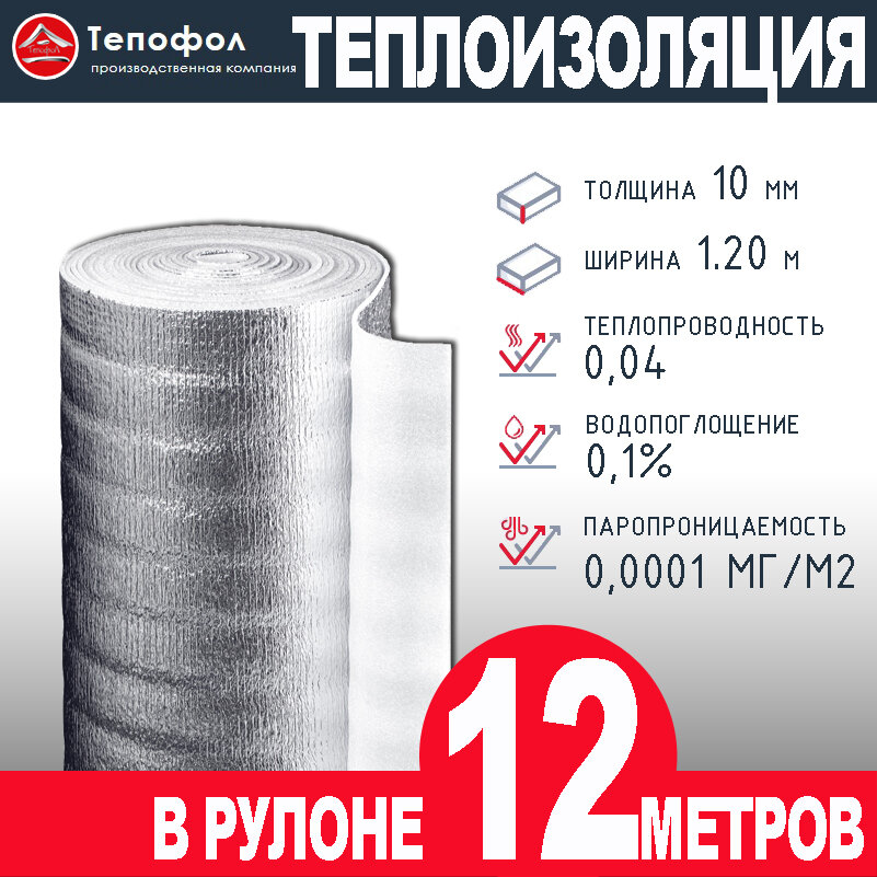 Теплоизоляция "Тепофол" с отражающим слоем, 12 м, толщина 10 мм