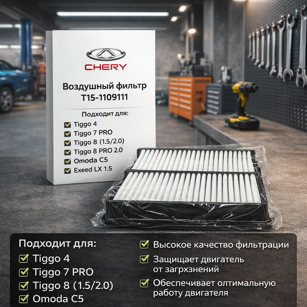 Воздушный фильтр Chery T15-1109111 Подходит: Tiggo 4, Tiggo 7 PRO, Tiggo 8 (1.5/2.0), Tiggo 8 PRO 2.0, Omoda C5, Exeed