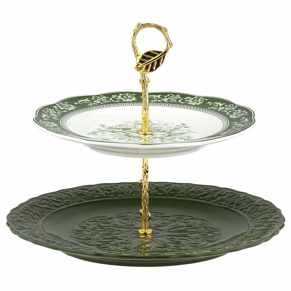 "Сицилия" Блюдо-этажерка фарфоровое 2-х ярусное: д22,5см, д28,5см, h13см (с ручкой h23см), фурнитура "под золото", волнистый край, в разобранном виде