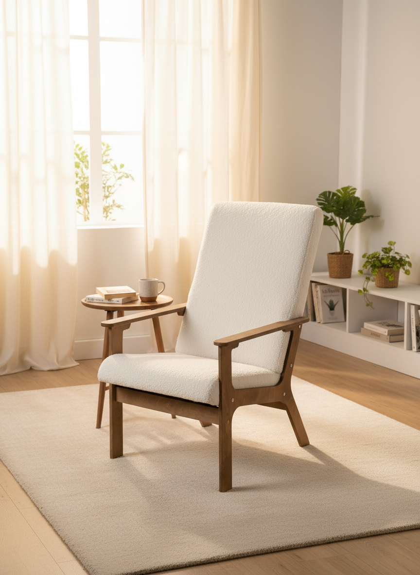 Кресло для отдыха "Ретро" от "Мягкой посадки" с высокой спинкой, обивка белое букле