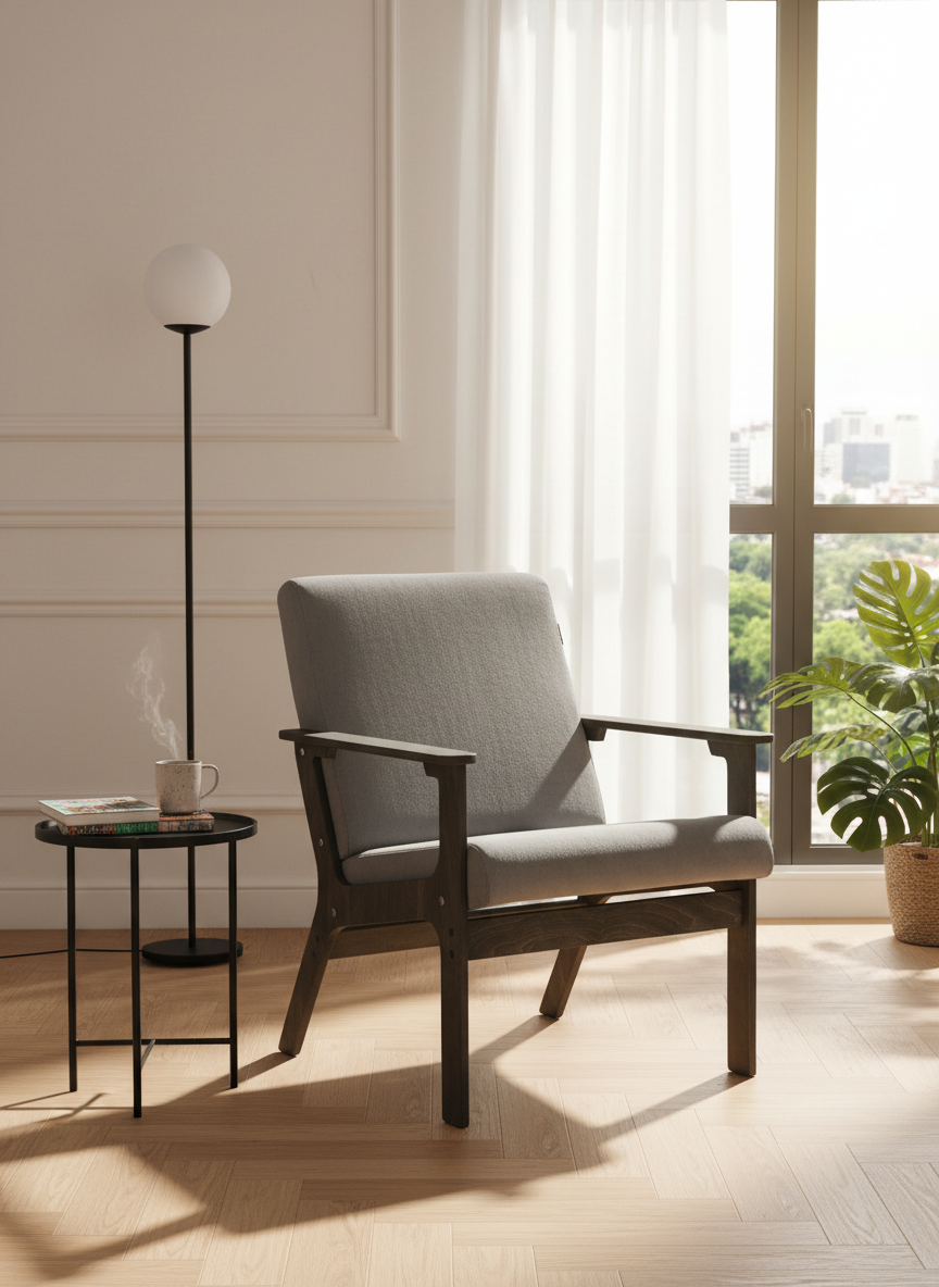 Кресло для отдыха "Ретро мини" с низкой спинкой от "Мягкой посадки", обивка серый велюр + темные ножки