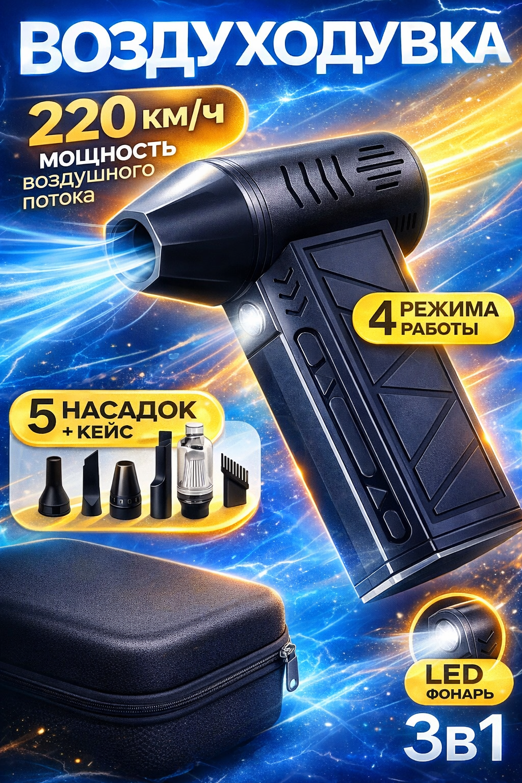 Воздуходувка портативная, беспроводная, аккумуляторная для очистки машины от снега, ветроудуйка, черный цвет, 5 насадок