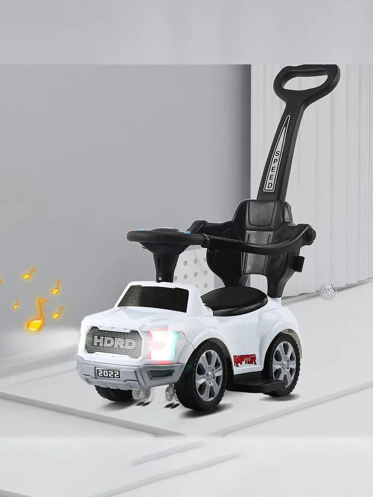 Детская Каталка-толокар в виде машины, белого цвета, с ручкой для родителей