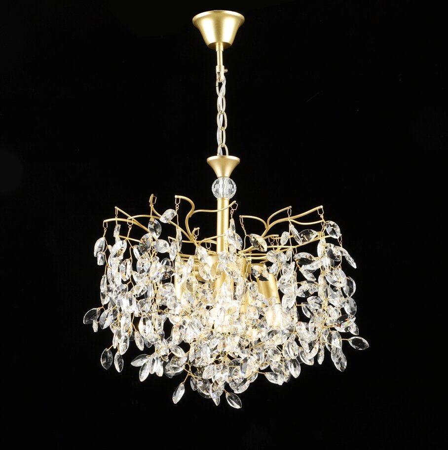 Люстра хрустальная золото подвесная с прозрачными хрустальными подвесками на 5 ламп E14