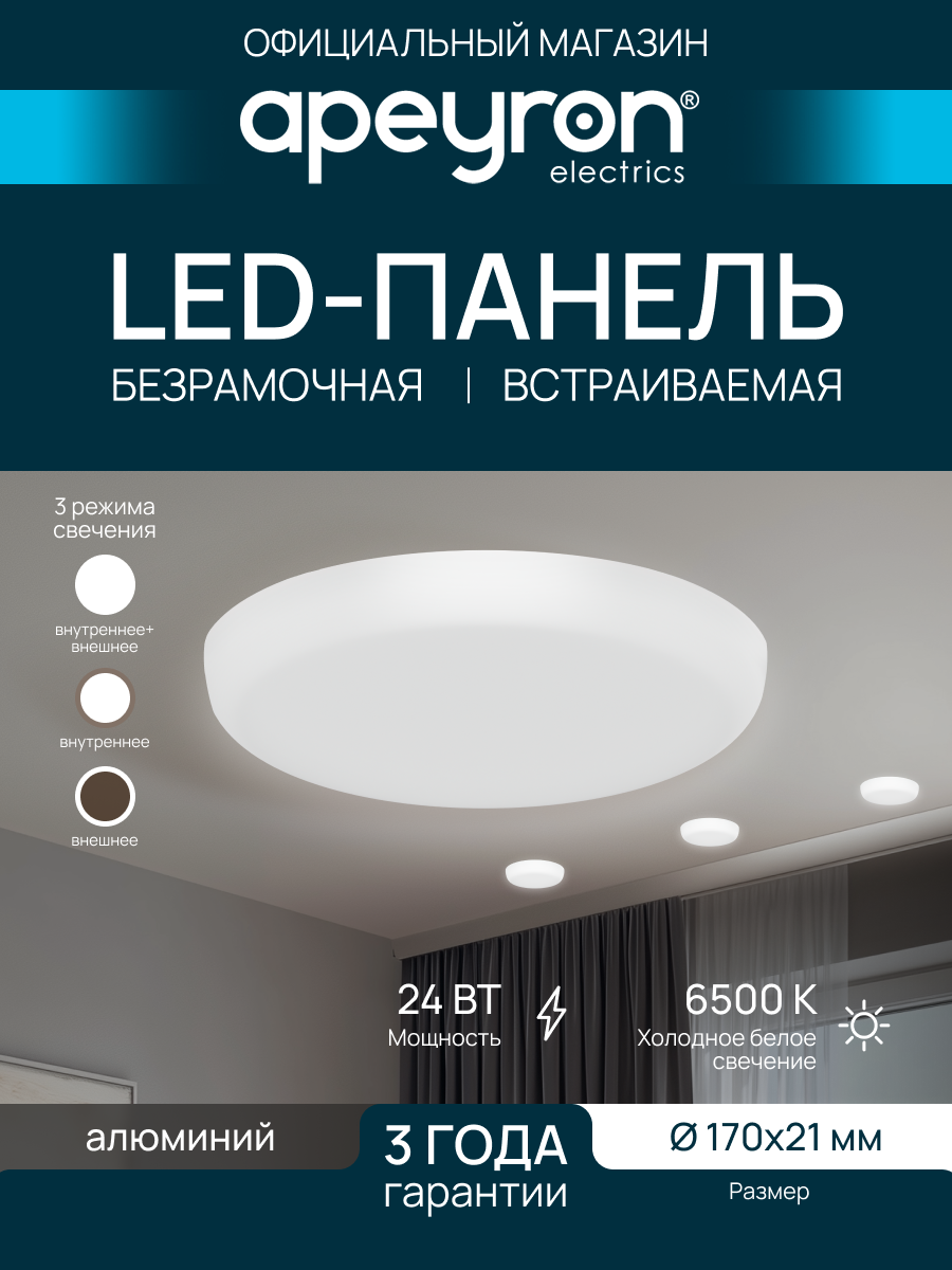 Светодиодная встраиваемая безрамочная панель Apeyron FLP 24Вт, 6500К, круг d170мм, белый, 06-109