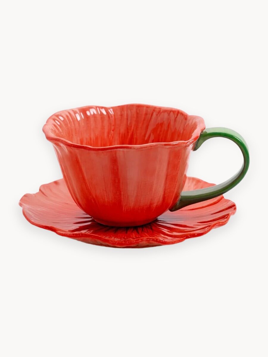 Чайная пара HHODD "Цветок мака", керамика, цвет красный, 290мл, в наборе чашка и блюдце