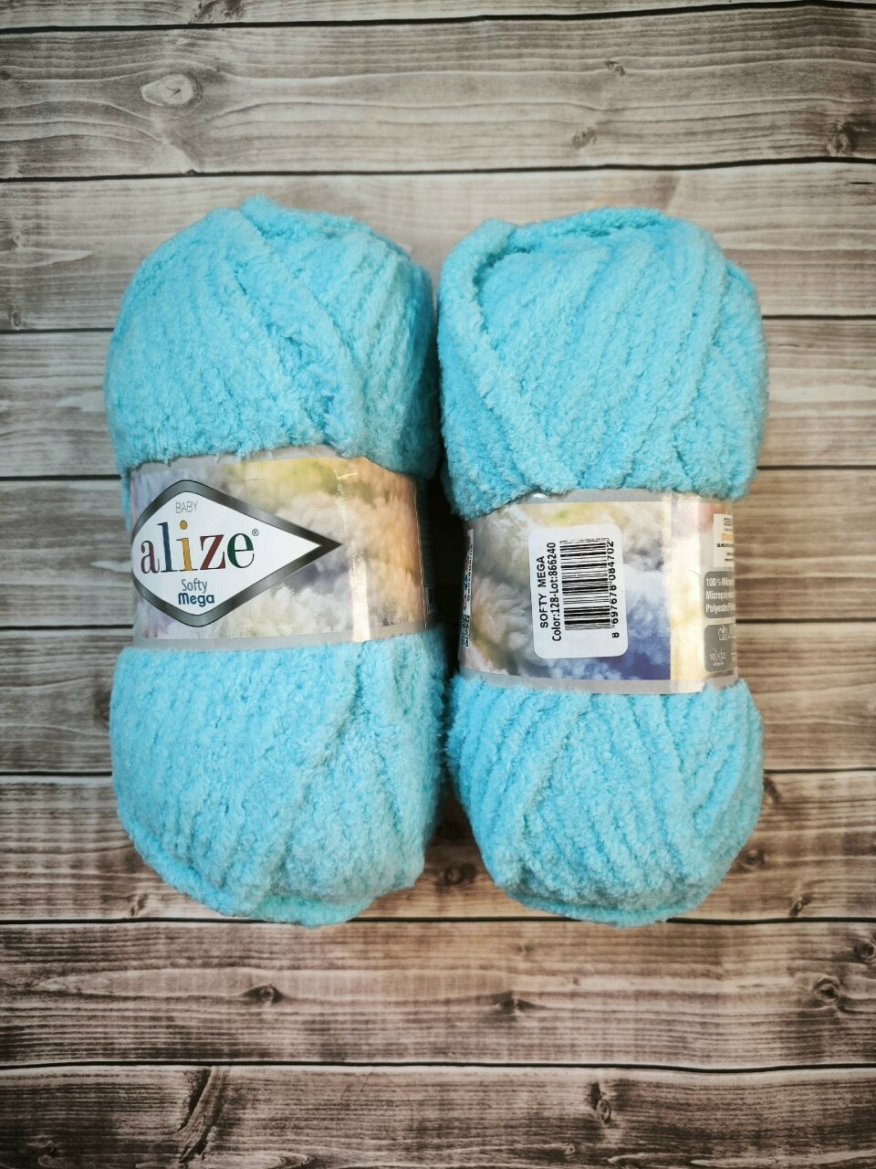 Пряжа Alize Softy Mega, цвет 128 бирюзово-голубой, 2 мотка, вес мотка 100 гр, длина нити 70 м (Ализе Софти Мега)
