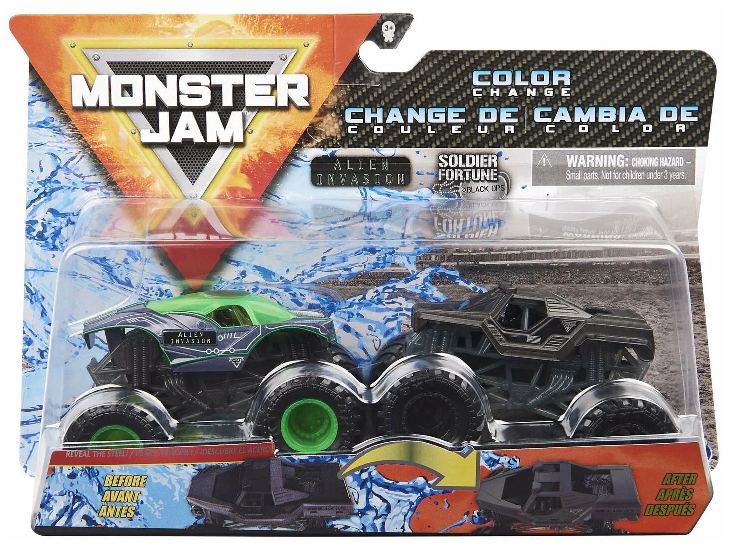Набор машинок Monster Jam Монстр Джем SOLDIER FORTUNE & ALIEN INVASION меняющие цвет, М 1:64, 2 шт, 6044943