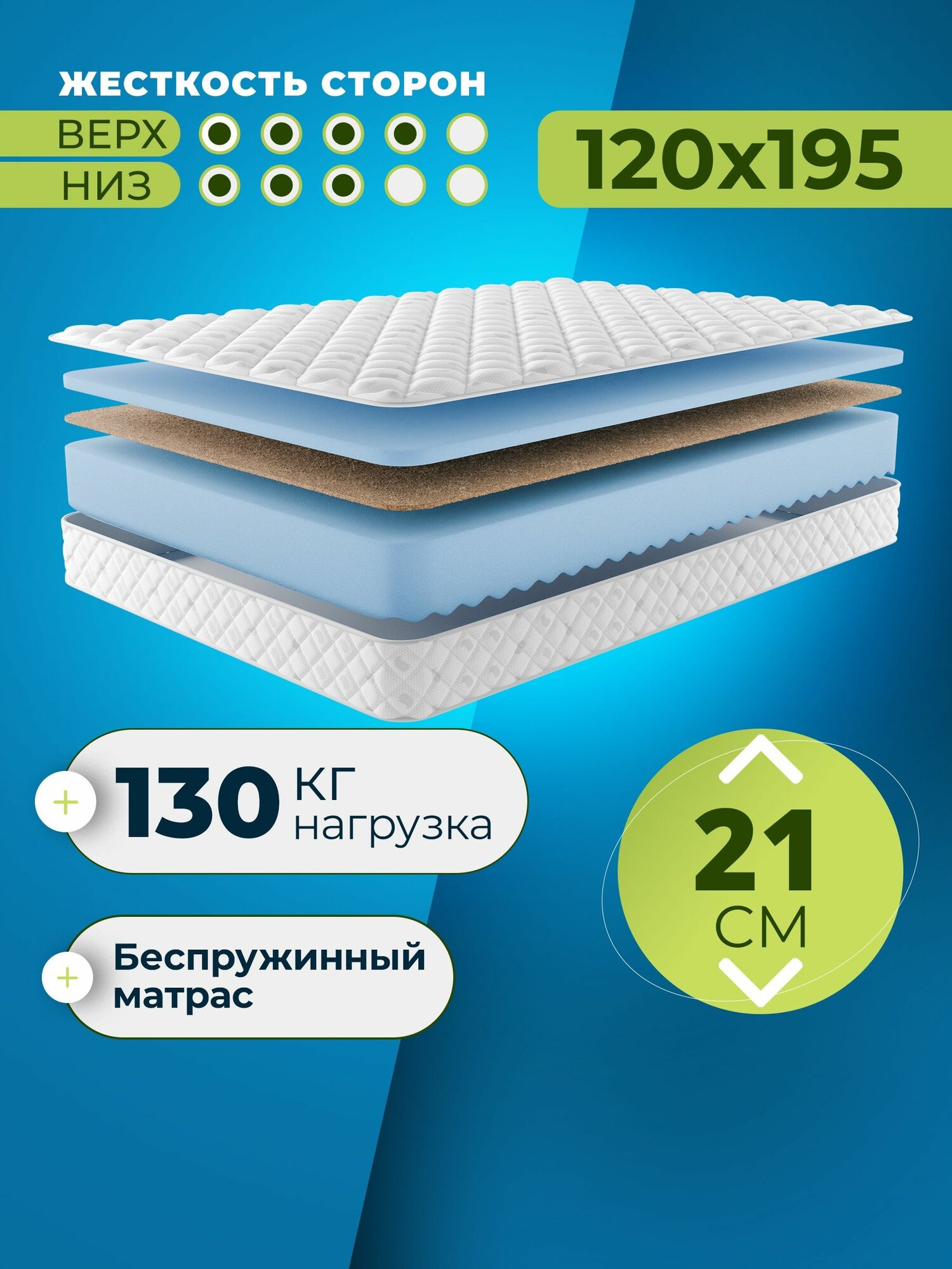 Матрас с кокосом 120х195, Безмятежный комфорт, ортопедический двусторонний с разной жесткостью, с анатомической пеной, нагрузка 130 кг, для кровати 120*195*21 см полуторный