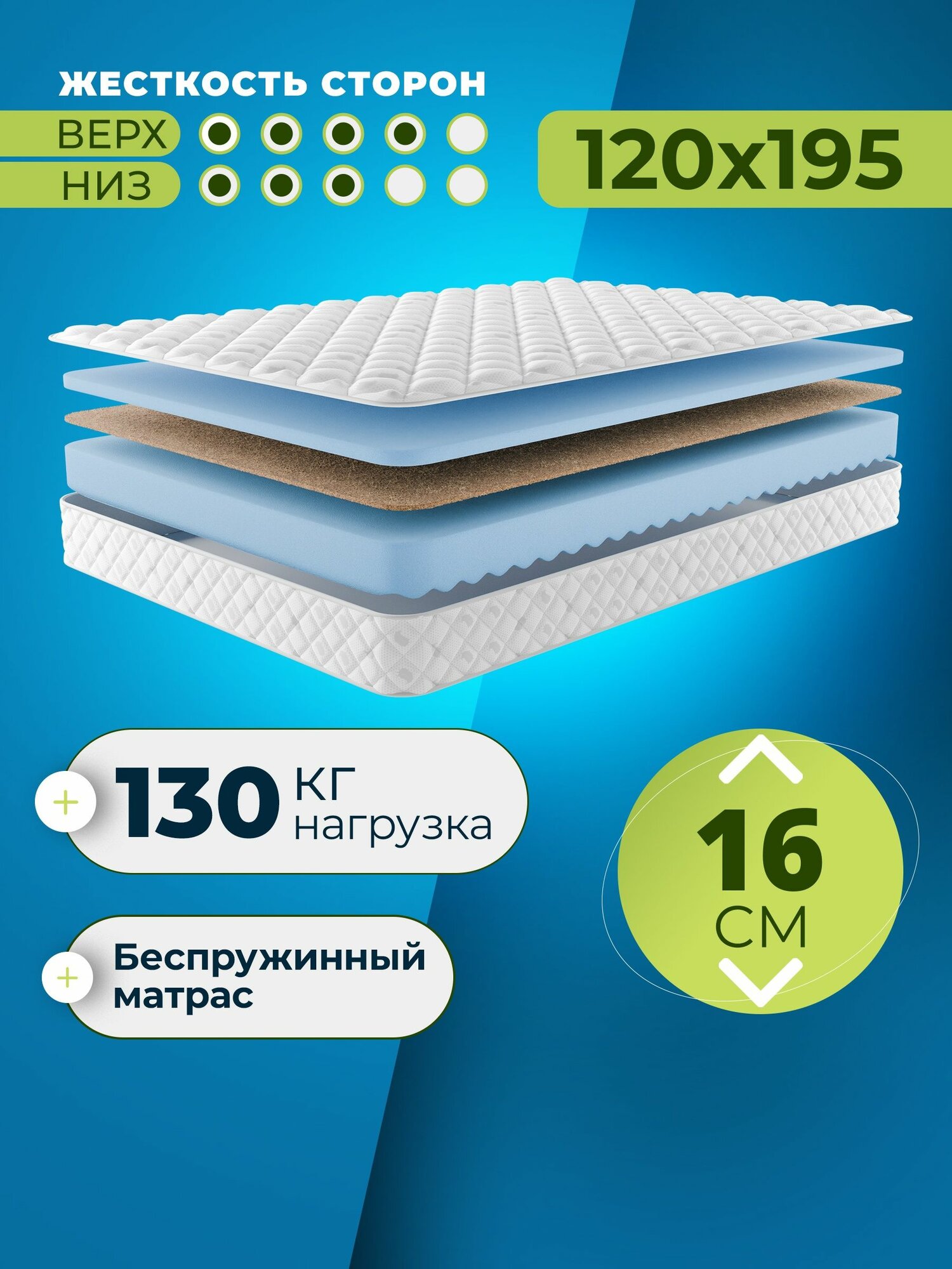 Матрас с кокосом 120х195, Безмятежный ритм, ортопедический двусторонний с разной жесткостью, с анатомической пеной, нагрузка 130 кг, для кровати 120*195*16 см полуторный