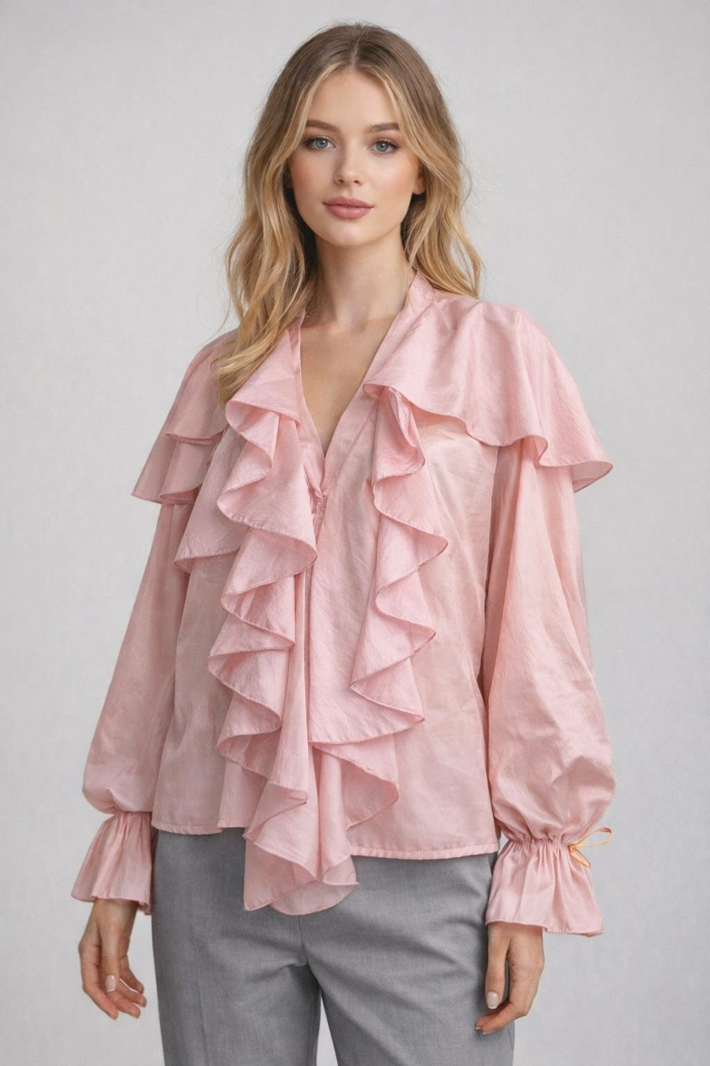 Блузка женская шелковая с рюшами, розовая, р.44 -48