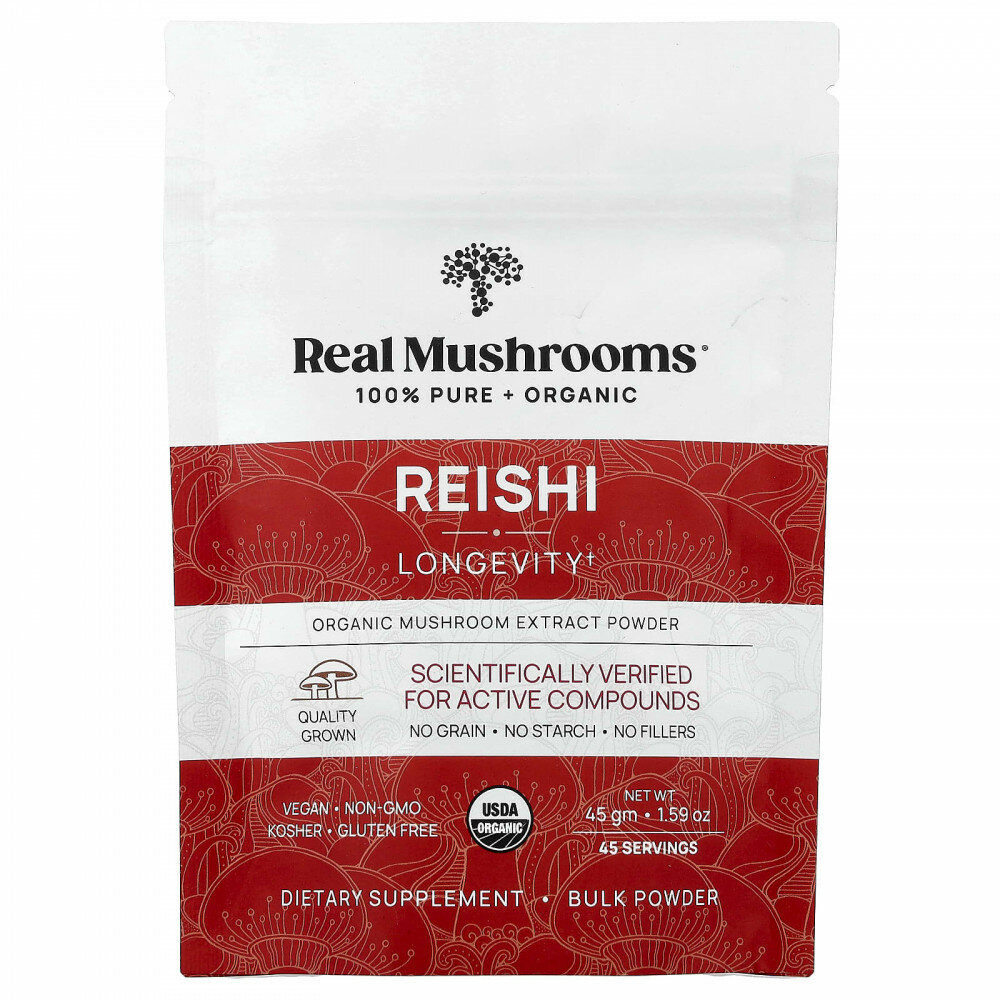 Real Mushrooms, Рейши, органический экстракт грибов в порошке, 45 г (1,59 унции)