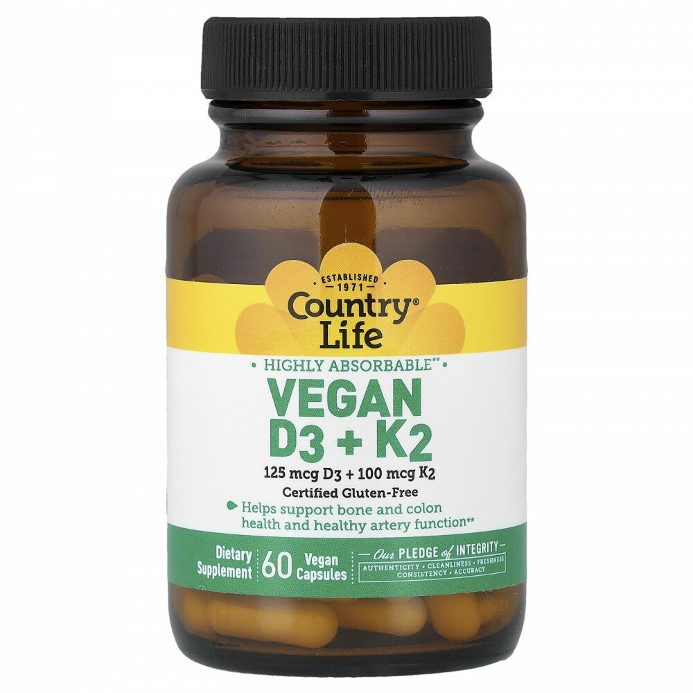 Country Life, веганские витамины D3 и K2, 60 веганских капсул