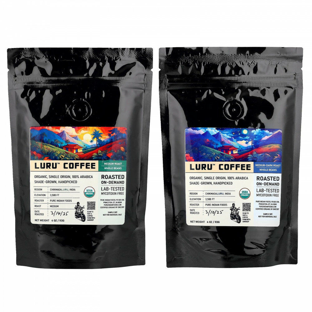 Pure Indian Foods, Luru™, кофе, набор пробных продуктов из цельных зерен, 2 упаковки по 113 г (4 унции)