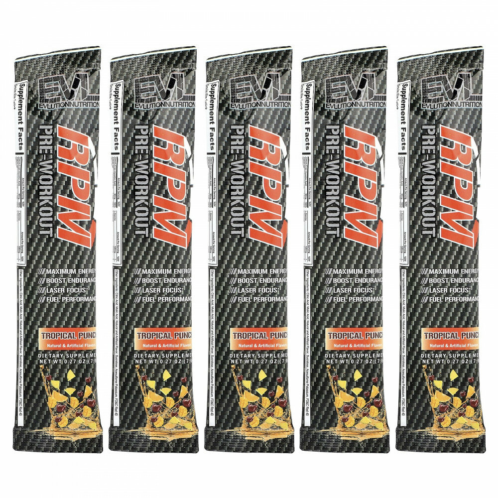 EVLution Nutrition, RPM, предтренировочный комплекс, тропический пунш, 5 пакетиков по 7,8 г (0,27 унции)