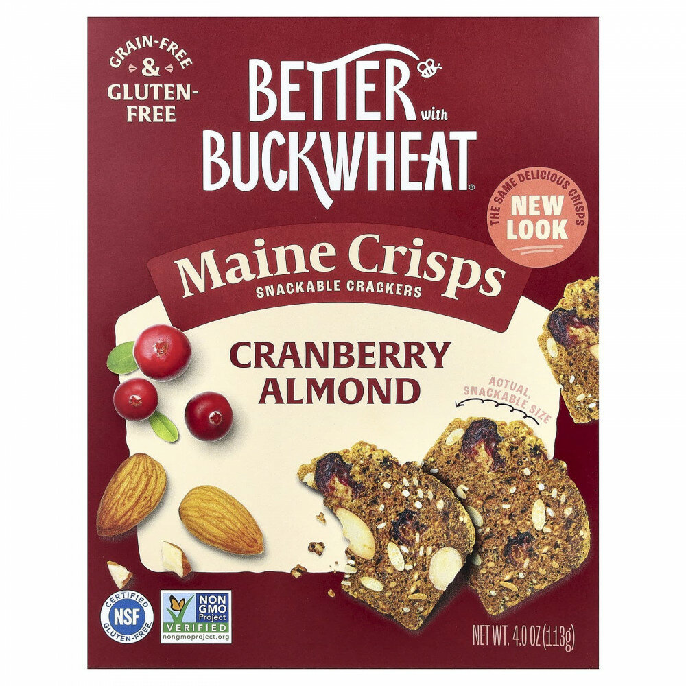 Better with Buckwheat, Maine Crisps, крекеры-снеки, клюква и миндаль, 113 г (4 унции)