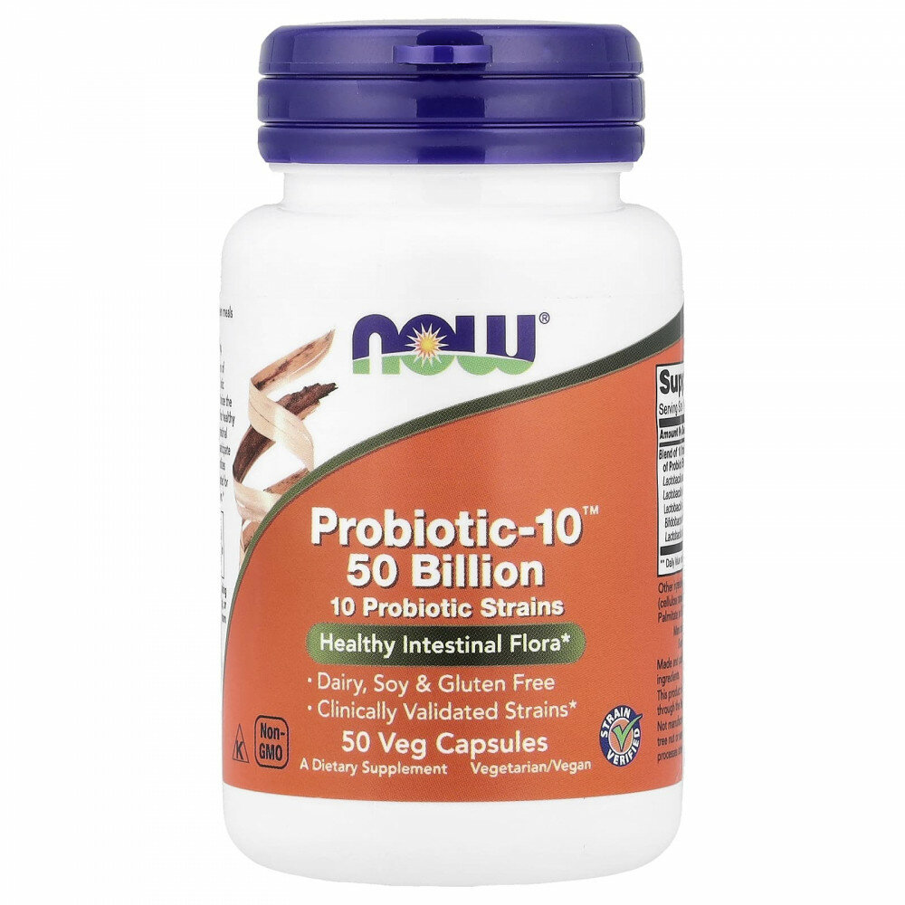 NOW Foods, Probiotic-10™, комплекс пробиотиков, 50 млрд КОЕ, 50 растительных капсул