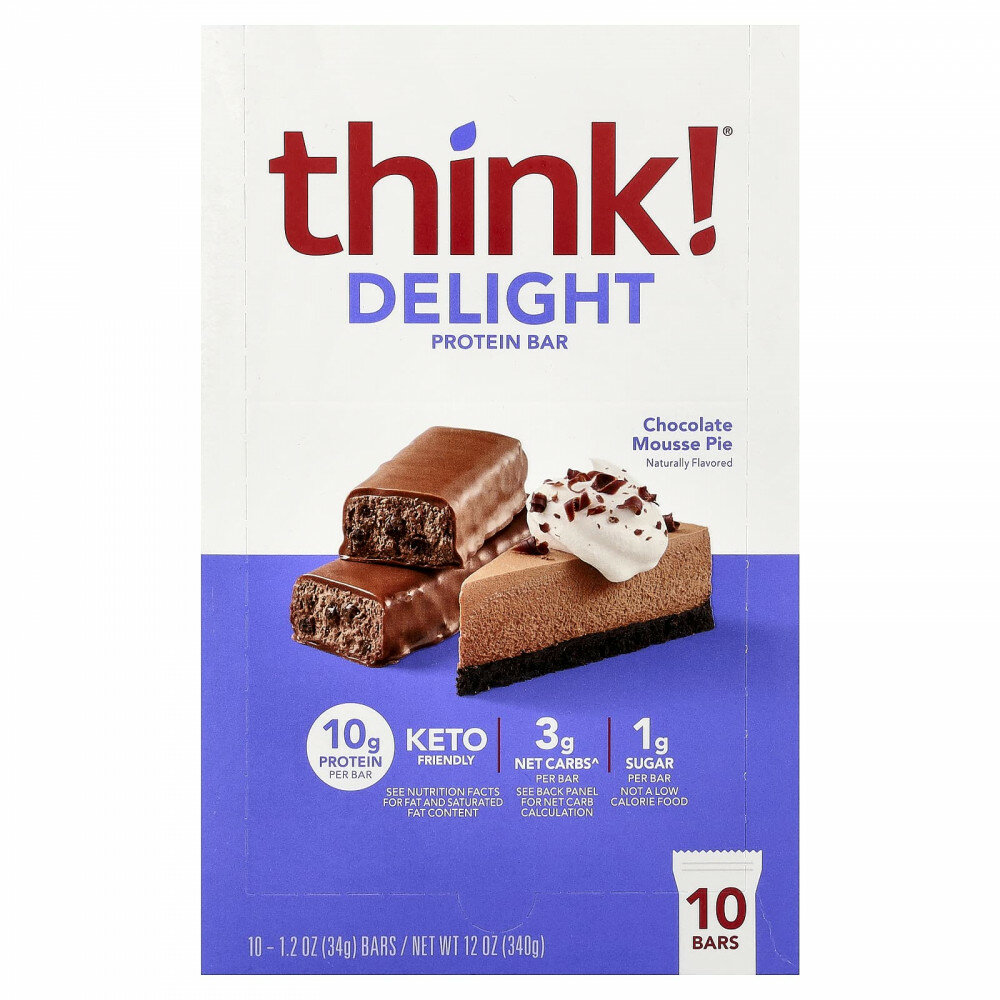 Think , Delight протеиновый батончик, шоколадный муссовый торт, 10 батончиков по 34 г (1,2 унции)