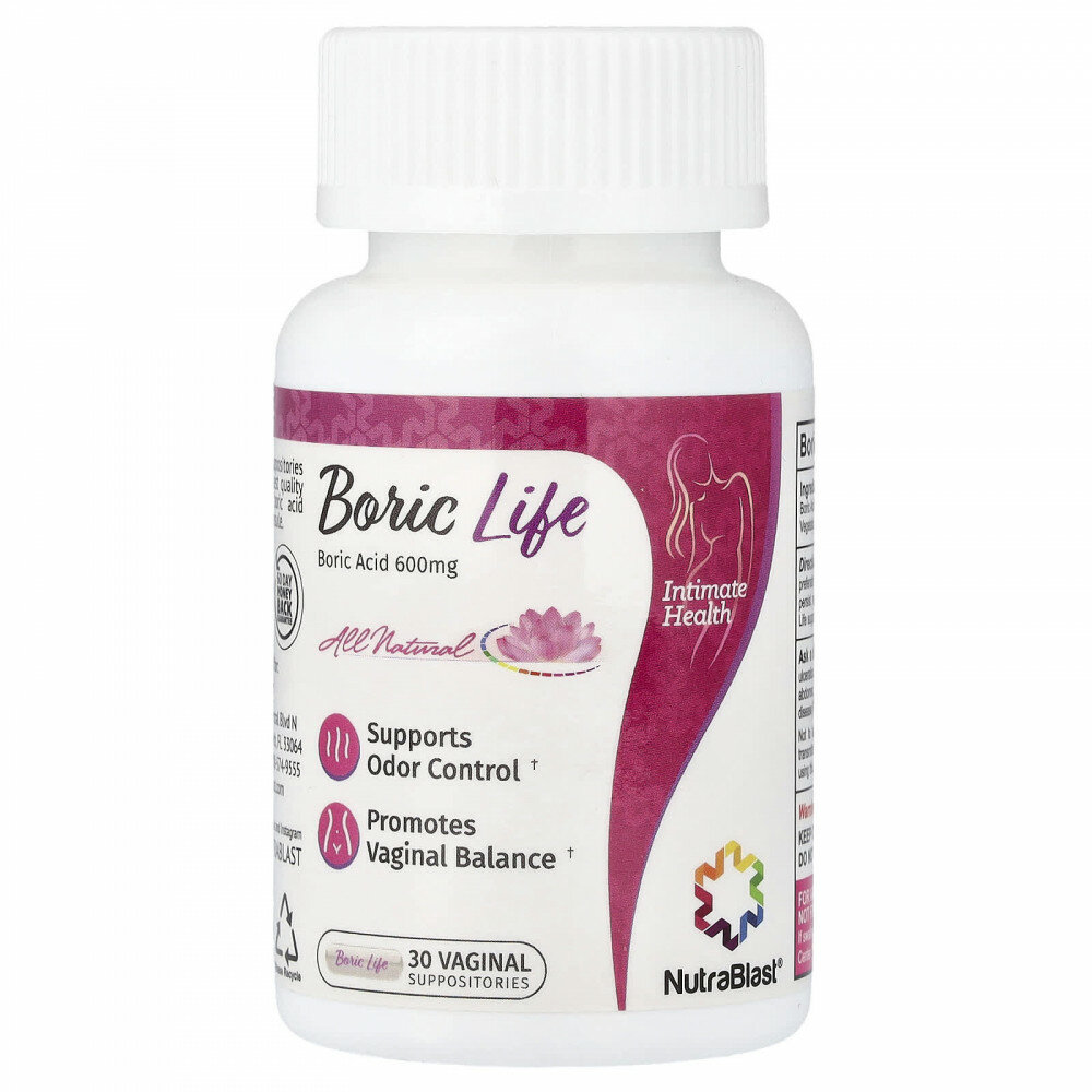 NutraBlast, Boric Life, борная кислота, 600 мг, 30 вагинальных свечей