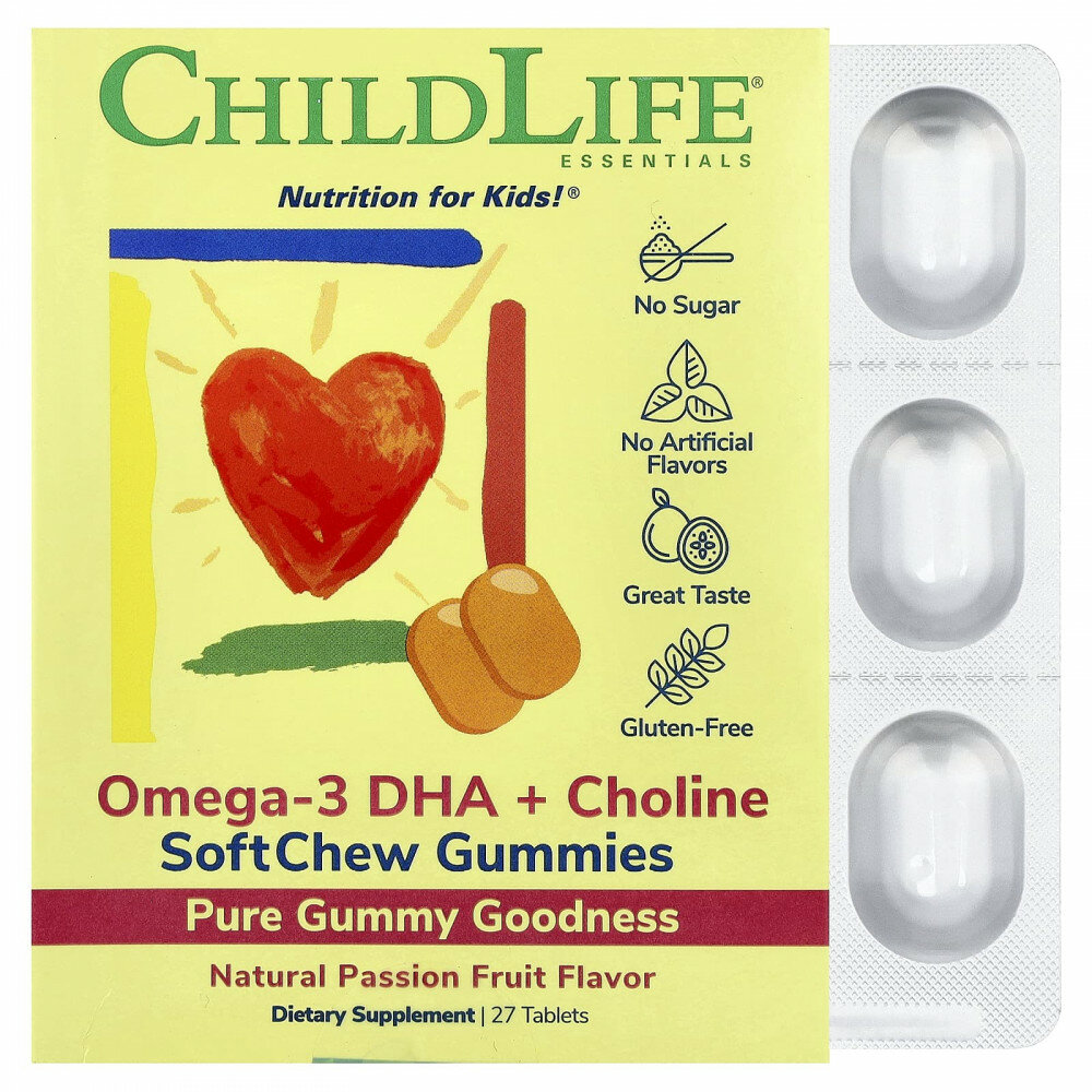 ChildLife Essentials, Essentials, омега-3 с ДГК и холином, жевательные таблетки SoftChew Gummies, со вкусом маракуйи, 27 таблеток