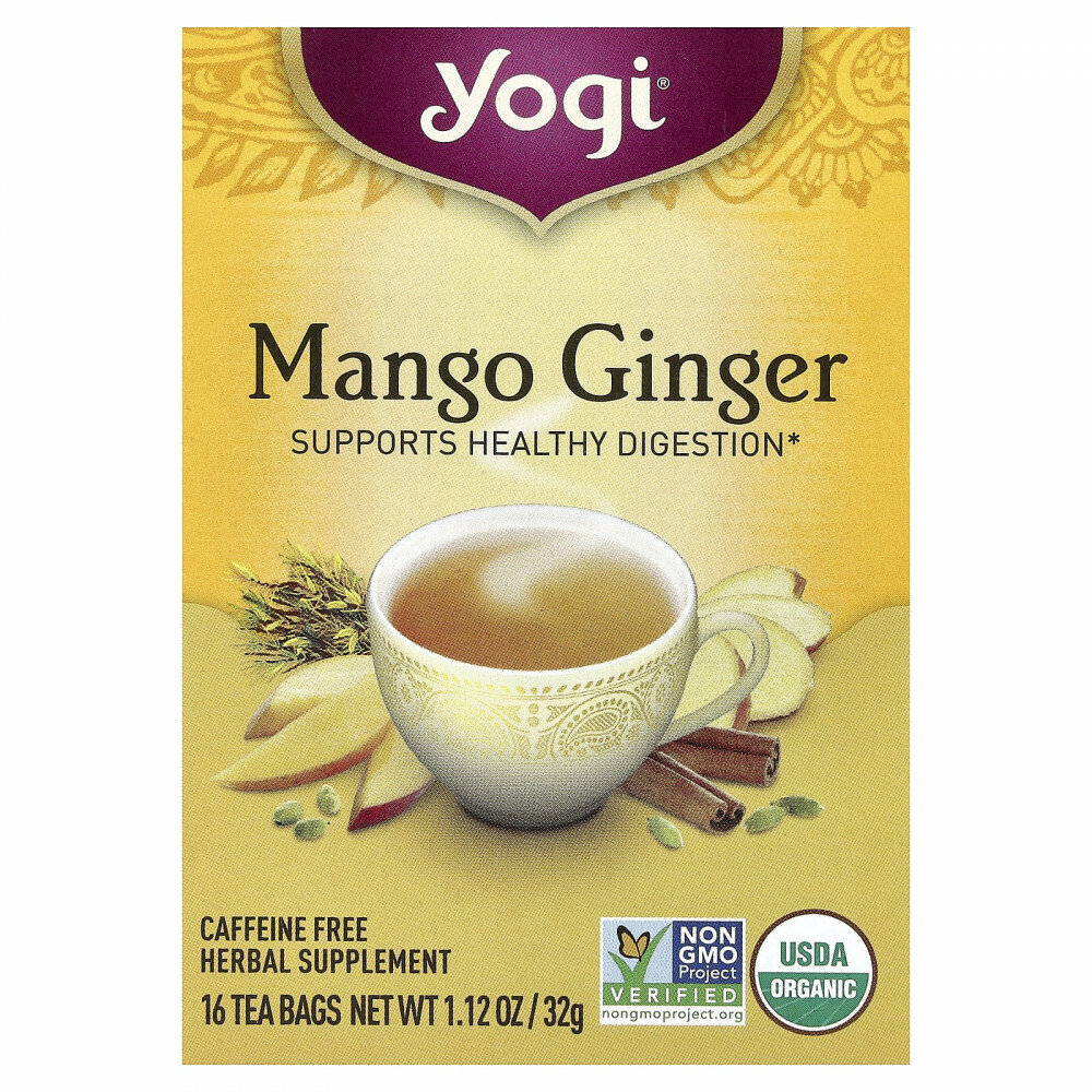 Yogi Tea, манго и имбирь, без кофеина, 16 чайных пакетиков, 32 г (1,12 унции)