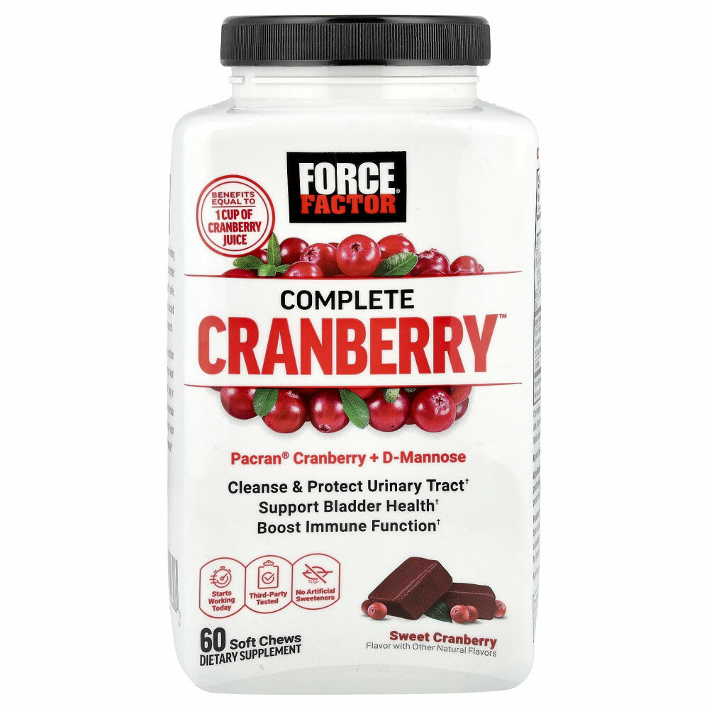 Force Factor, Complete Cranberry ™, сладкая клюква, 60 жевательных таблеток
