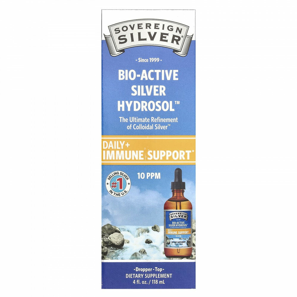 Sovereign Silver, Bio-Active Silver Hydrosol™, гидрозоль серебра, флакон с пипеткой, для ежедневного применения и поддержки иммунитета, 10 част./млн, 118 мл (4 жидк. унции)