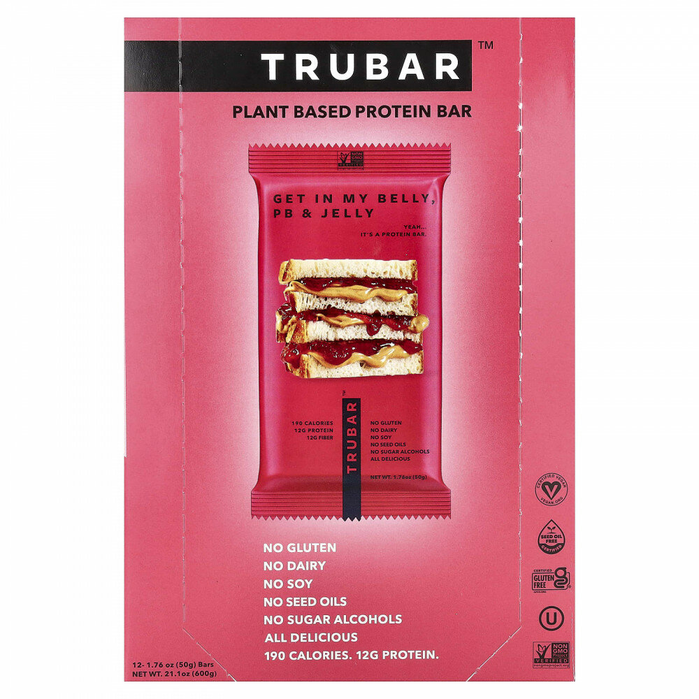 Trubar, Get In My Belly, протеиновый батончик на растительной основе, 12 батончиков по 50 г (1,76 унции)