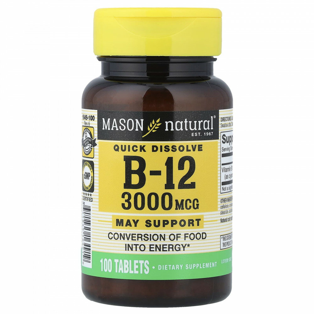 Mason Natural, быстрорастворимый витамин B12, 3000 мкг, 100 таблеток