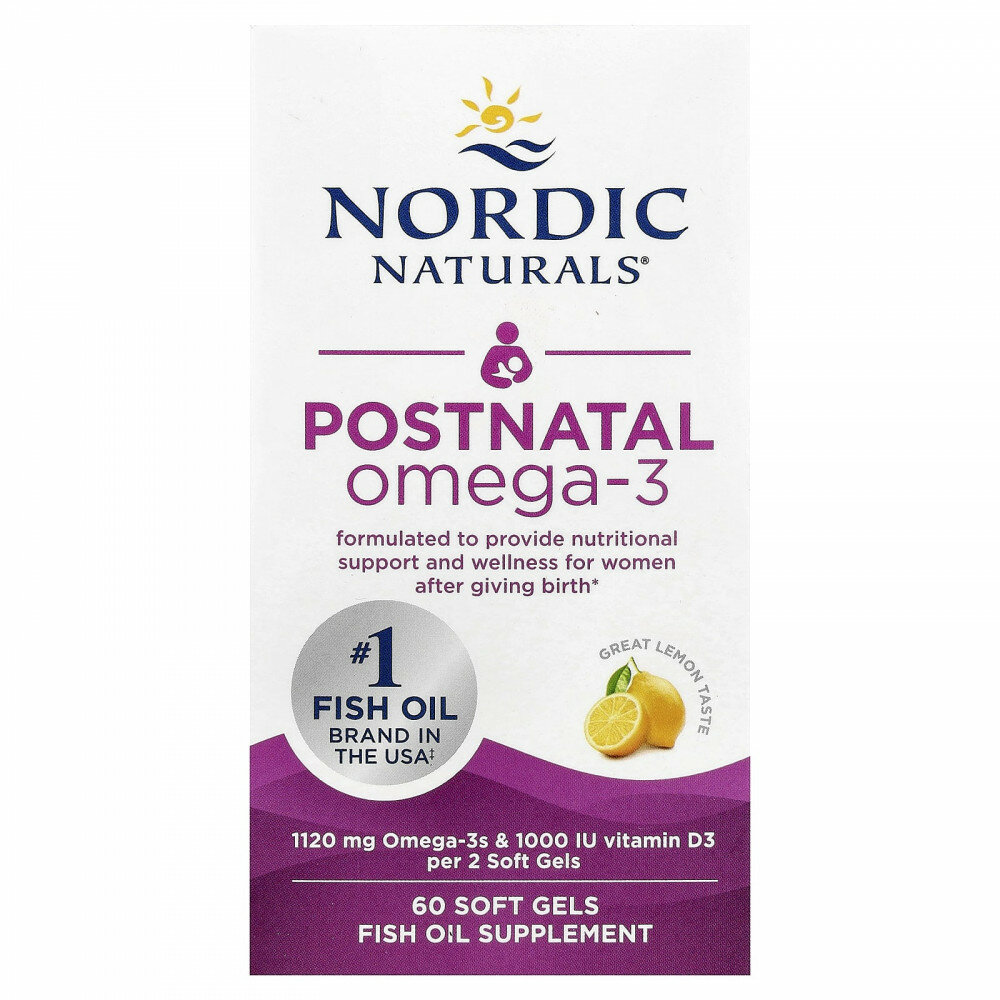 Nordic Naturals, омега-3 для применения в послеродовой период, со вкусом лимона, 60 капсул