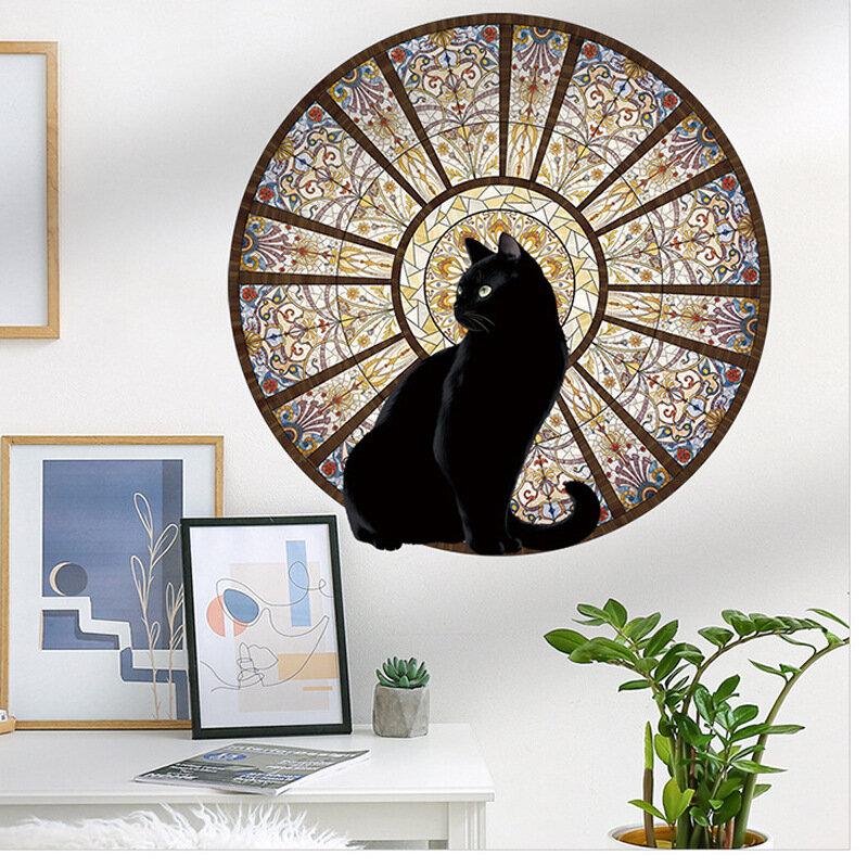 Наклейки на стену с черным котом, круглый узор, дизайн окна, съемные обои из ПВХ, художественные настенные наклейки, самоклеящийся декор для спальни, гостиной, кабинета, современное украшение для дома 40x40 см