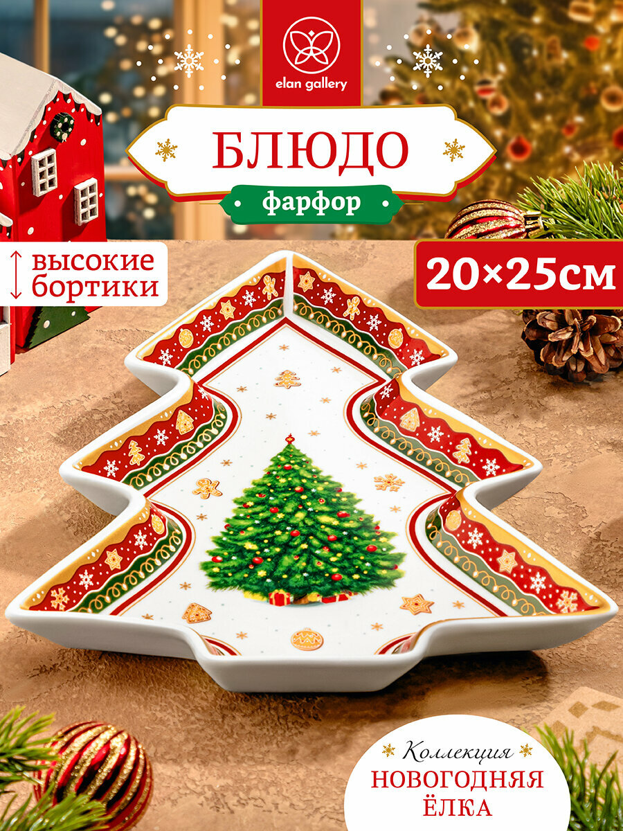 Блюдо сервировочное 20,5х25,5х2,5 см Elan Gallery Новогодняя елка красный узор