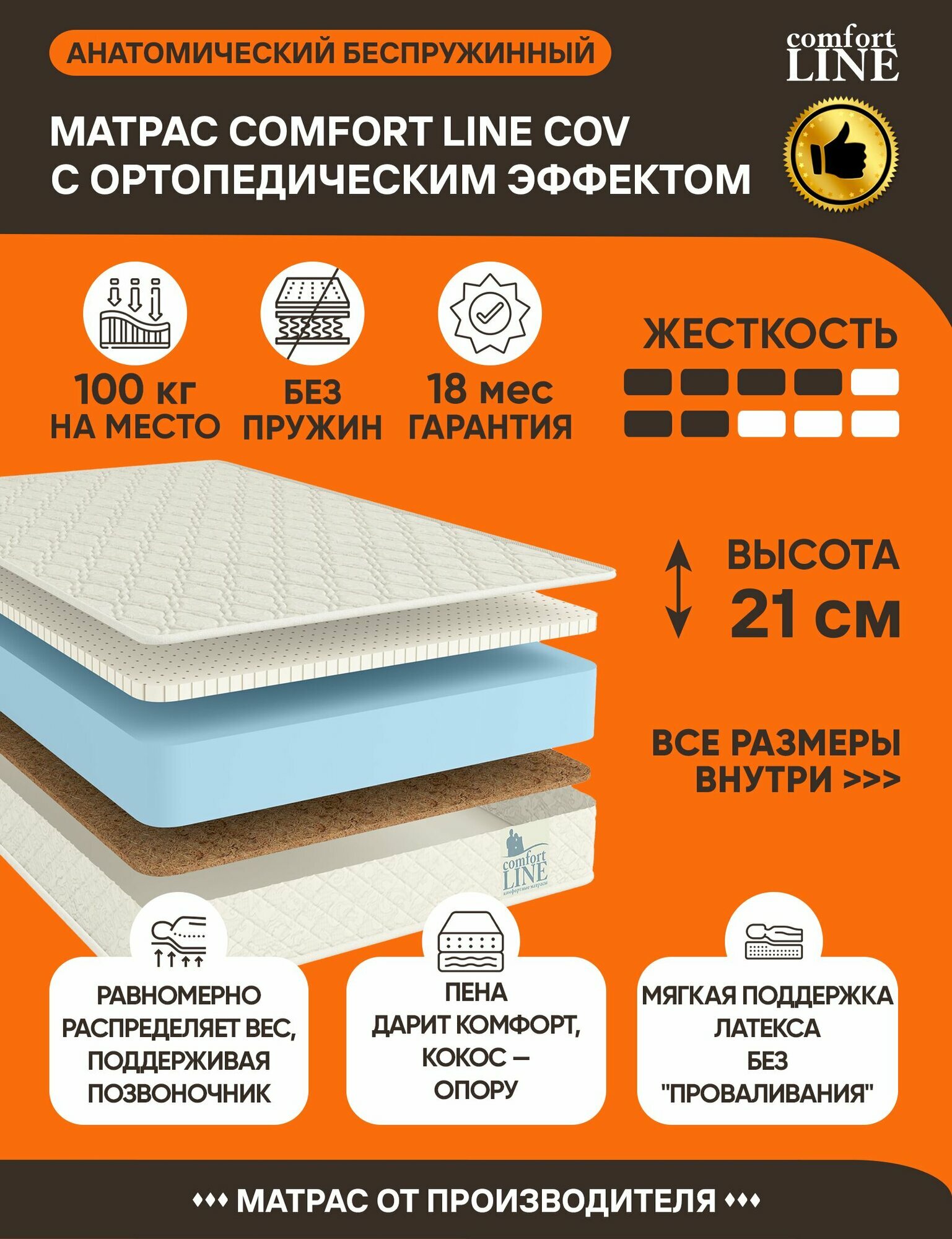 Матрас Comfort Line Cov 85х180 серии Lux высота 21 см анатомический средней жесткости кокосовый латексный Беспружинный