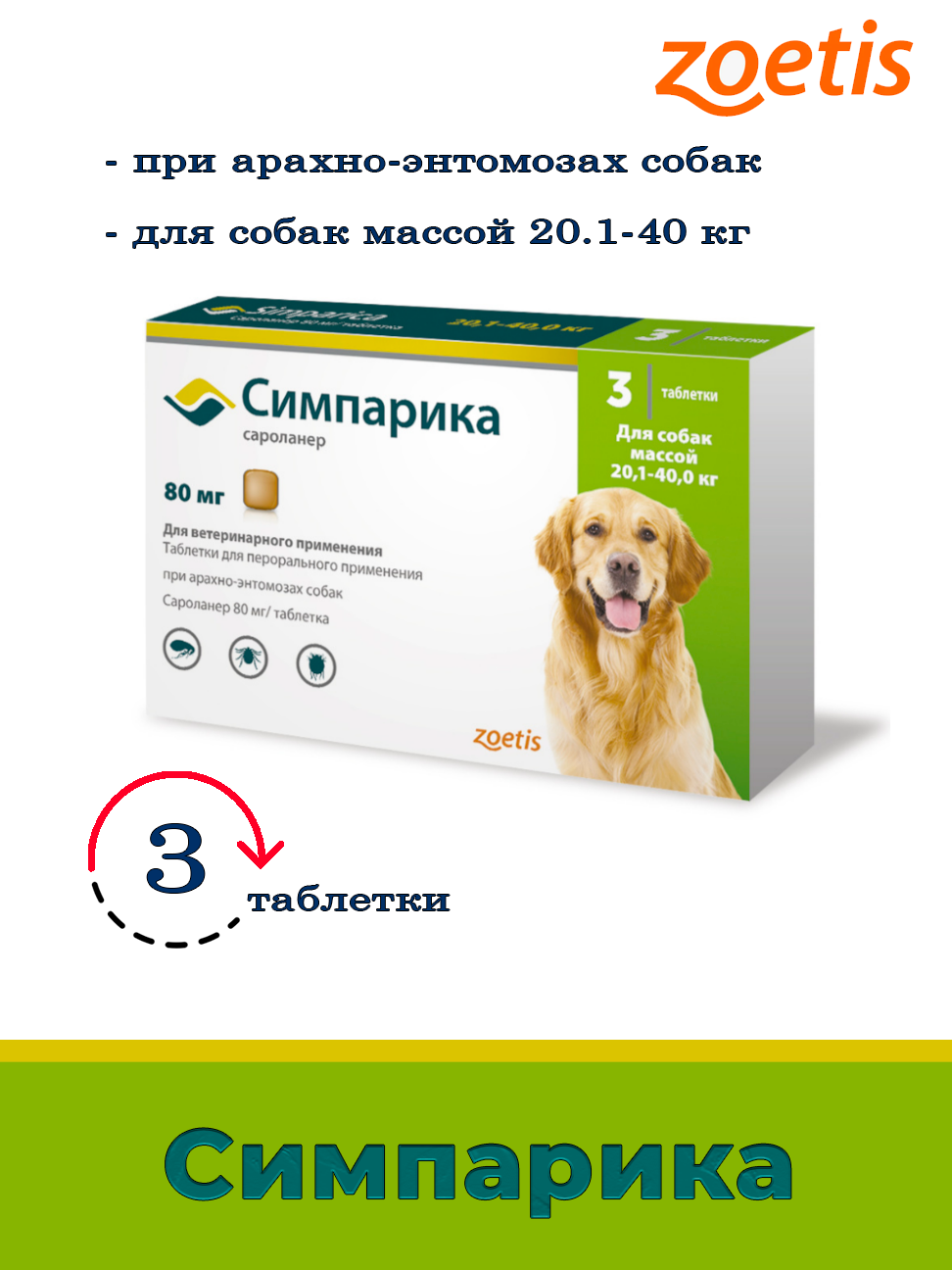 Zoetis таблетки от блох и клещей Симпарика для собак весом 20-40 кг, 80 мг 3 шт. в уп, 1 уп.
