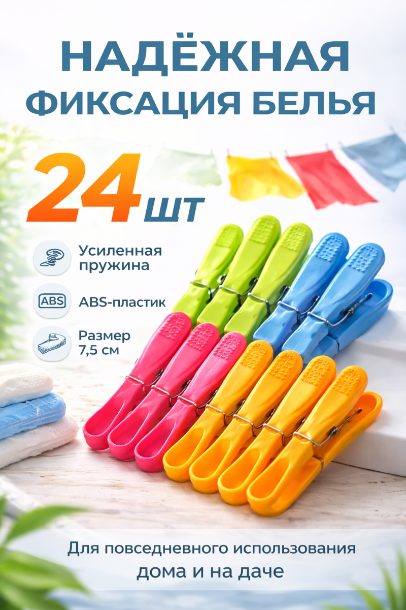 Прищепки для белья 24 шт 7,5 см пластиковые с металлической пружиной для сушки белья CityUp
