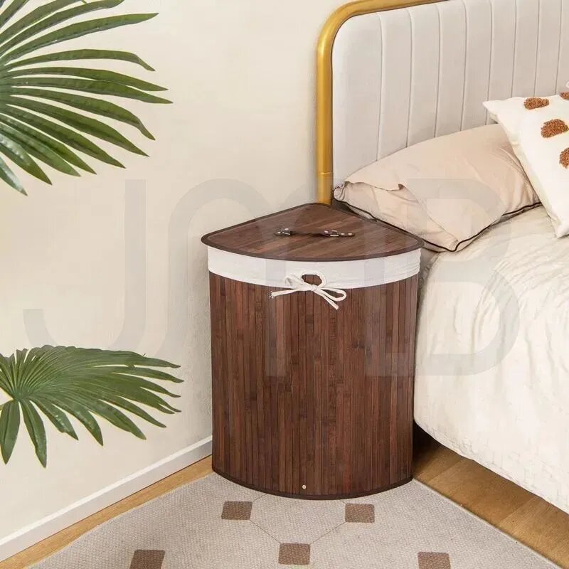 Корзина для белья треугольная бамбук 1 шт коричневая с крышкой для белья