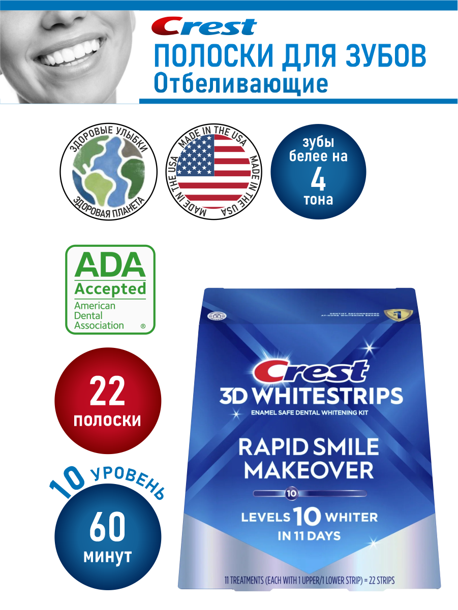 Отбеливающие полоски для зубов Crest 3D Whitestrips Rapid Smile Makeove 22 шт./уп.