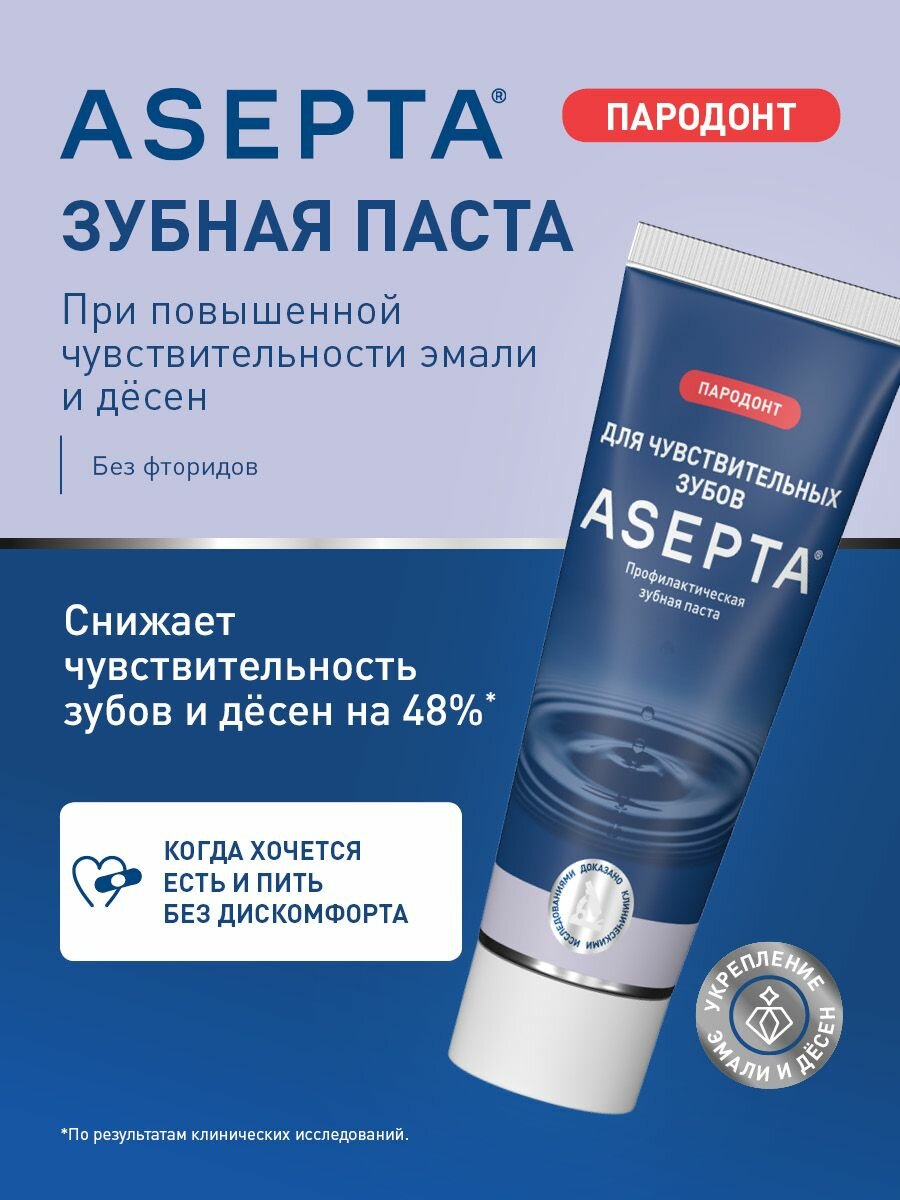 Асепта Зубная паста Экстра Сенситив от чувствительности зубов и десен с кальцием, от кариеса и налёта, низкоабразивная, для укрепления эмали, без фтора, 75мл