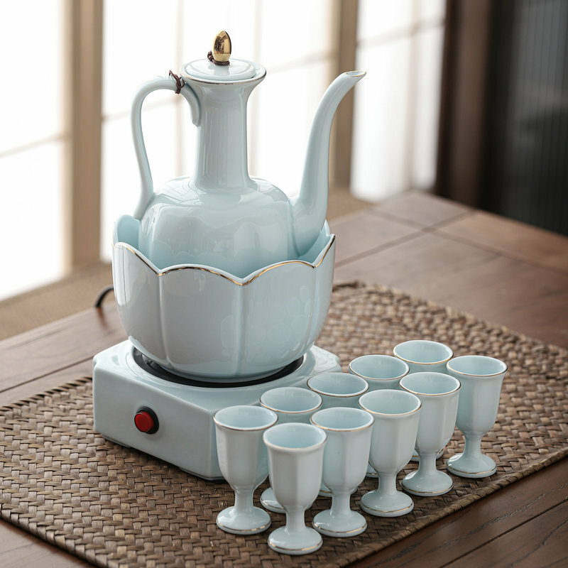 Керамический подогреваемый винный кувшин и набор для вина, домашняя чашка для напитков в китайском стиле из селадона, диспенсер для вина, чашка для саке и желтого вина.