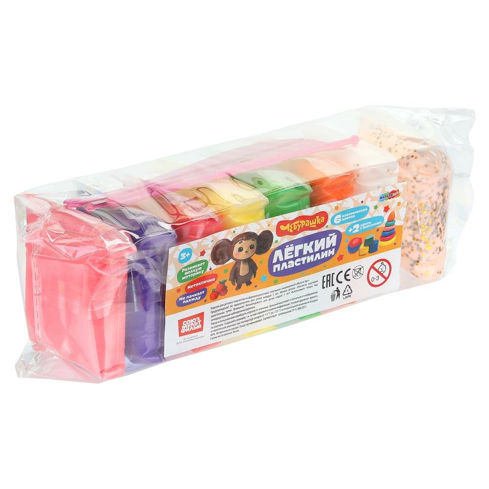 Легкий пластилин Чебурашка 8 цветов (классика+блёстки) MultiArt LIGHT8-129548-CHEB