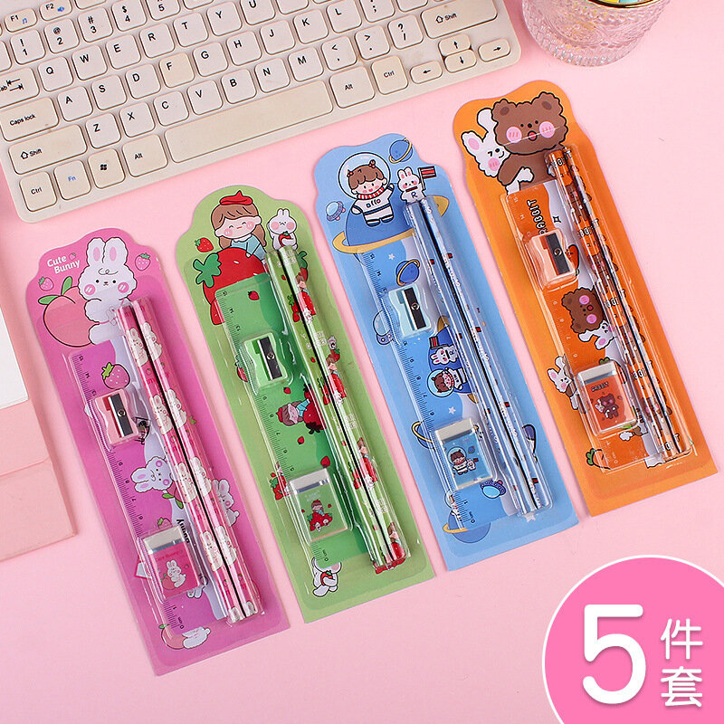 Детский набор канцелярских принадлежностей с карандашами на присоске, 5 предметов, школьные принадлежности к началу учебного года, подарки для учащихся к Дню защиты детей, оптом.