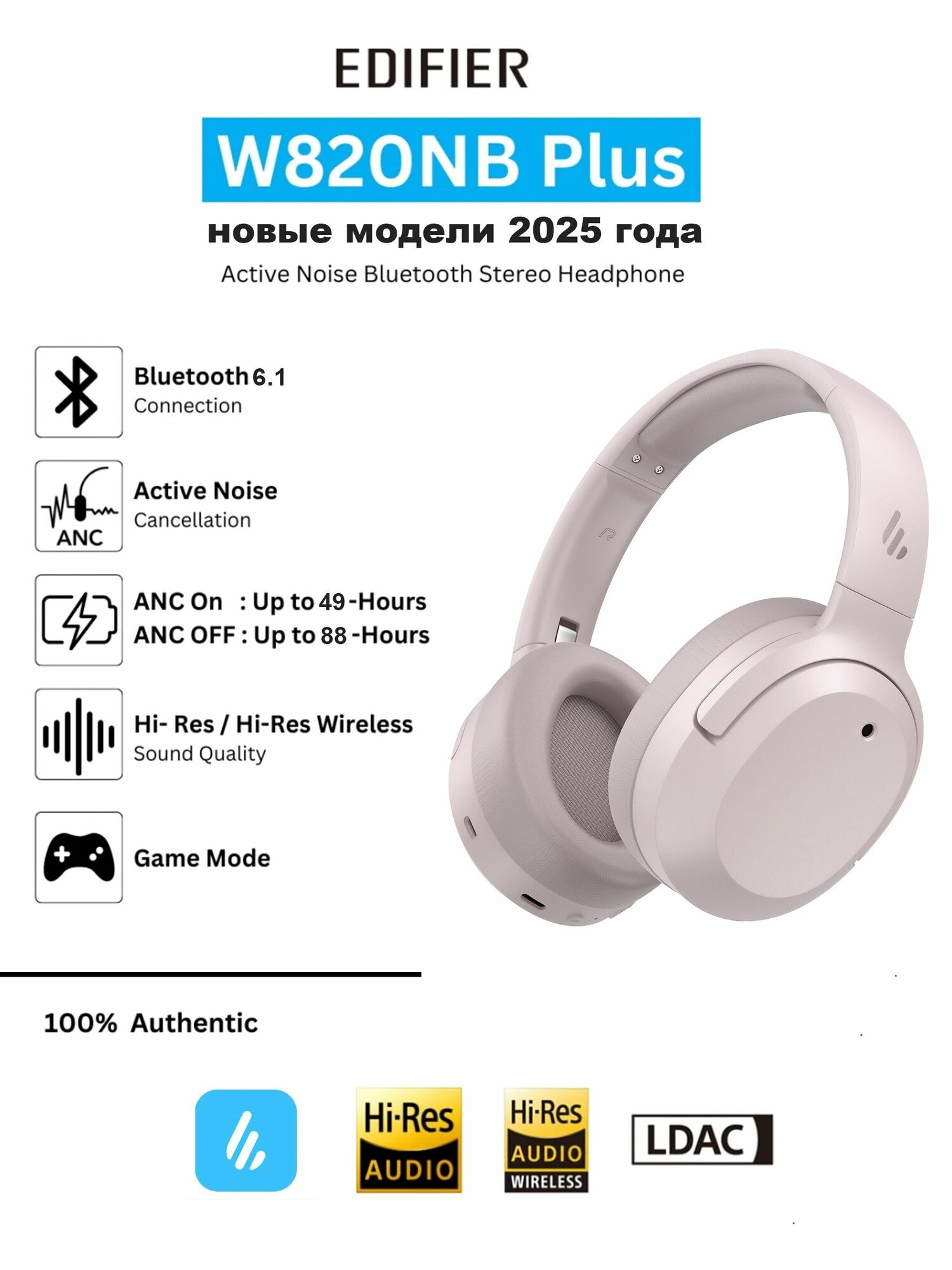 Гарнитура накладные Edifier W820NB Plus (2025) розовый беспроводные bluetooth V6.1