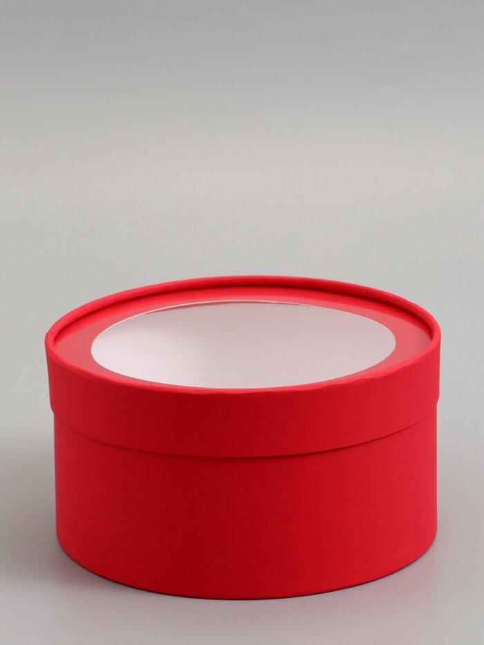Подарочная коробка круглая, красная, завальцованная с окном, 21×11 см
