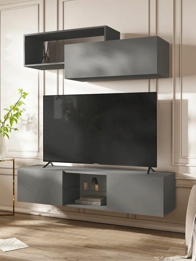 Стенка в гостиную под телевизор Норд, мебель с подвесными секциями для хранения, 150х35х170 см, Графит