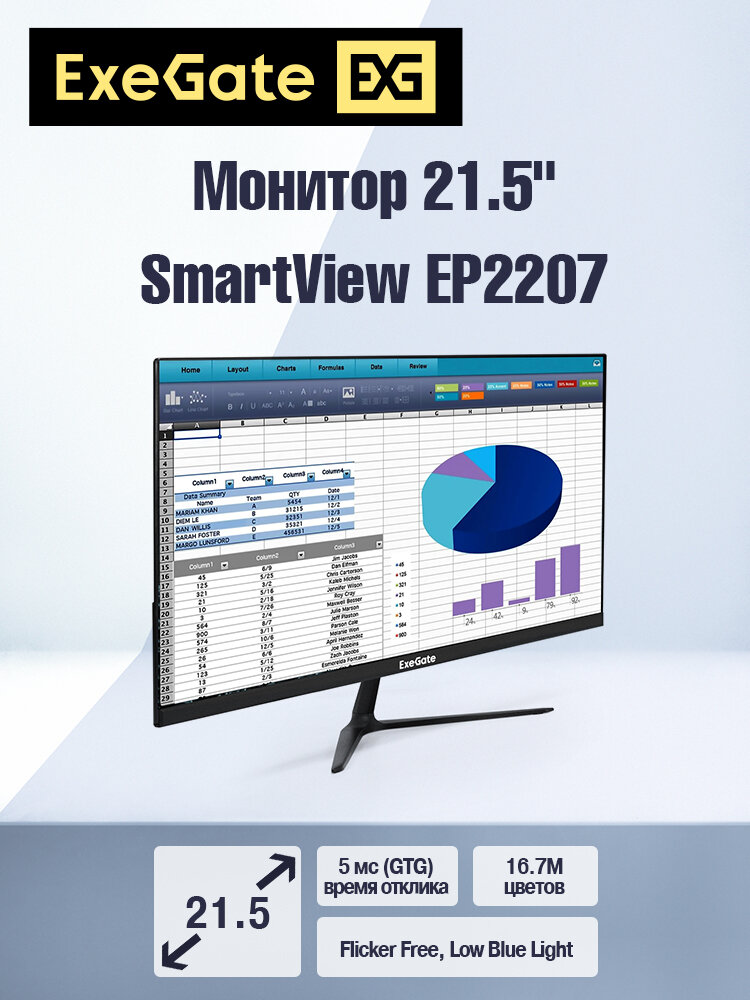 Монитор с аудио выходом 21.5" ExeGate SmartView EP2207 (IPS, FHD, 1920x1080@75Гц, 16:9, 250cd/m2, 1000:1, 178°/178°, 5ms, D-Sub, HDMI, audio-out, Flicker-free, Low Blue Light, VESA, регулировка наклона (tilt), черный) EX295588RUS
